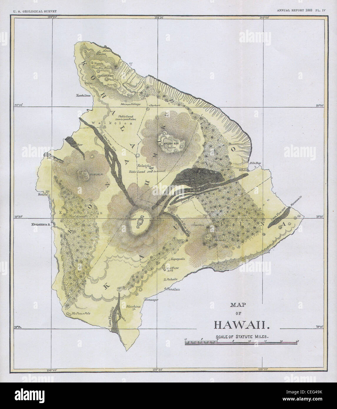 1883 U.S.G.S. Mappa di Isola di Hawaii |Mappa title=Mappa delle Hawaii ...