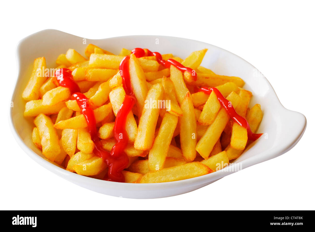Ciotola di patatine o patate fritte con ketchup, isolato su bianco e ...