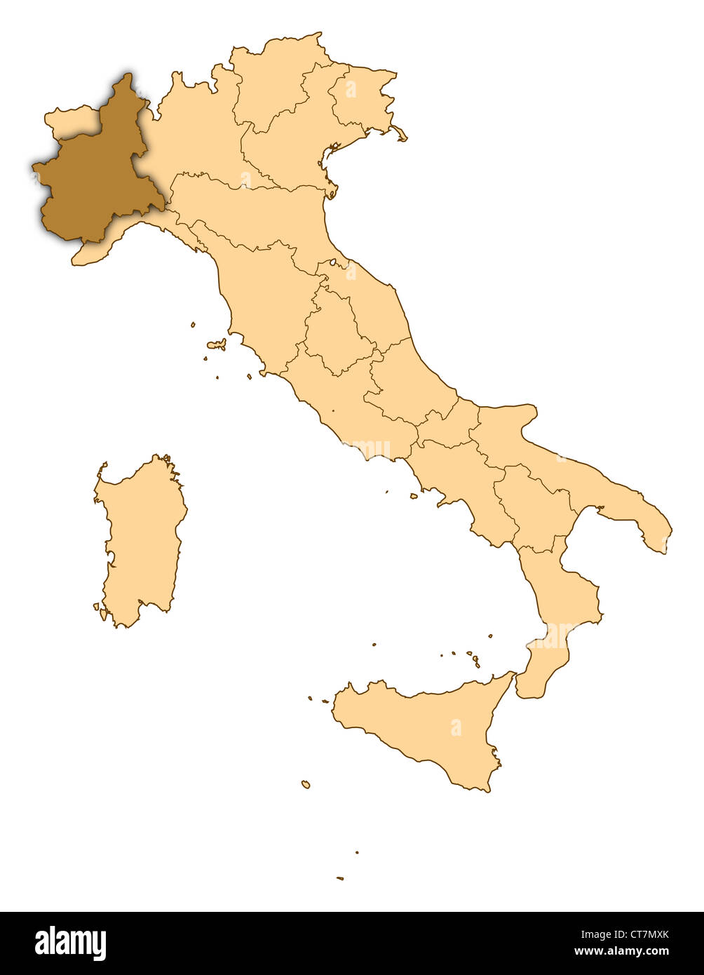 Mappa di Italia dove il Piemonte è evidenziata Foto stock - Alamy