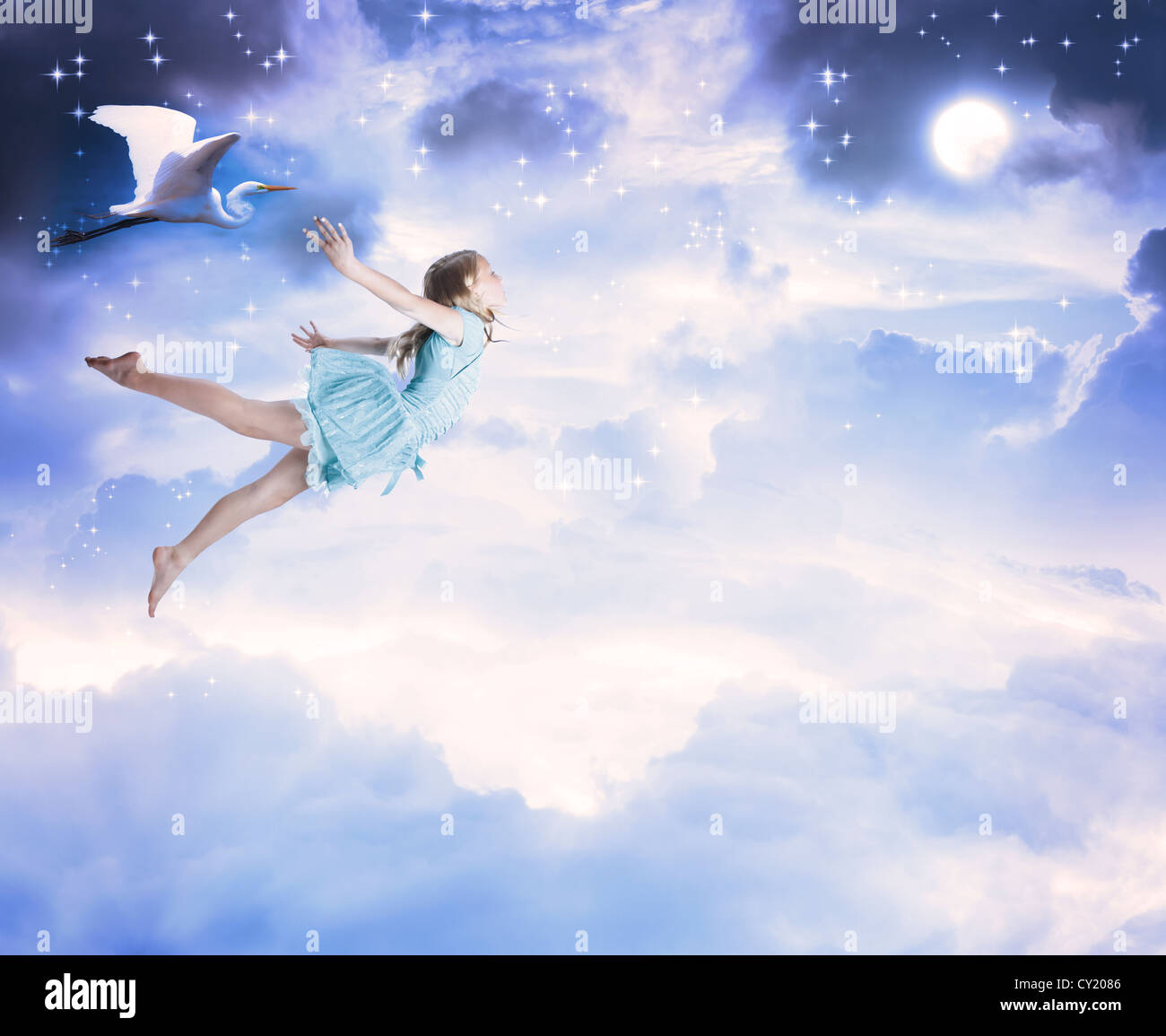 Bambina volare nel blu del cielo notturno con airone bianco Foto stock ...