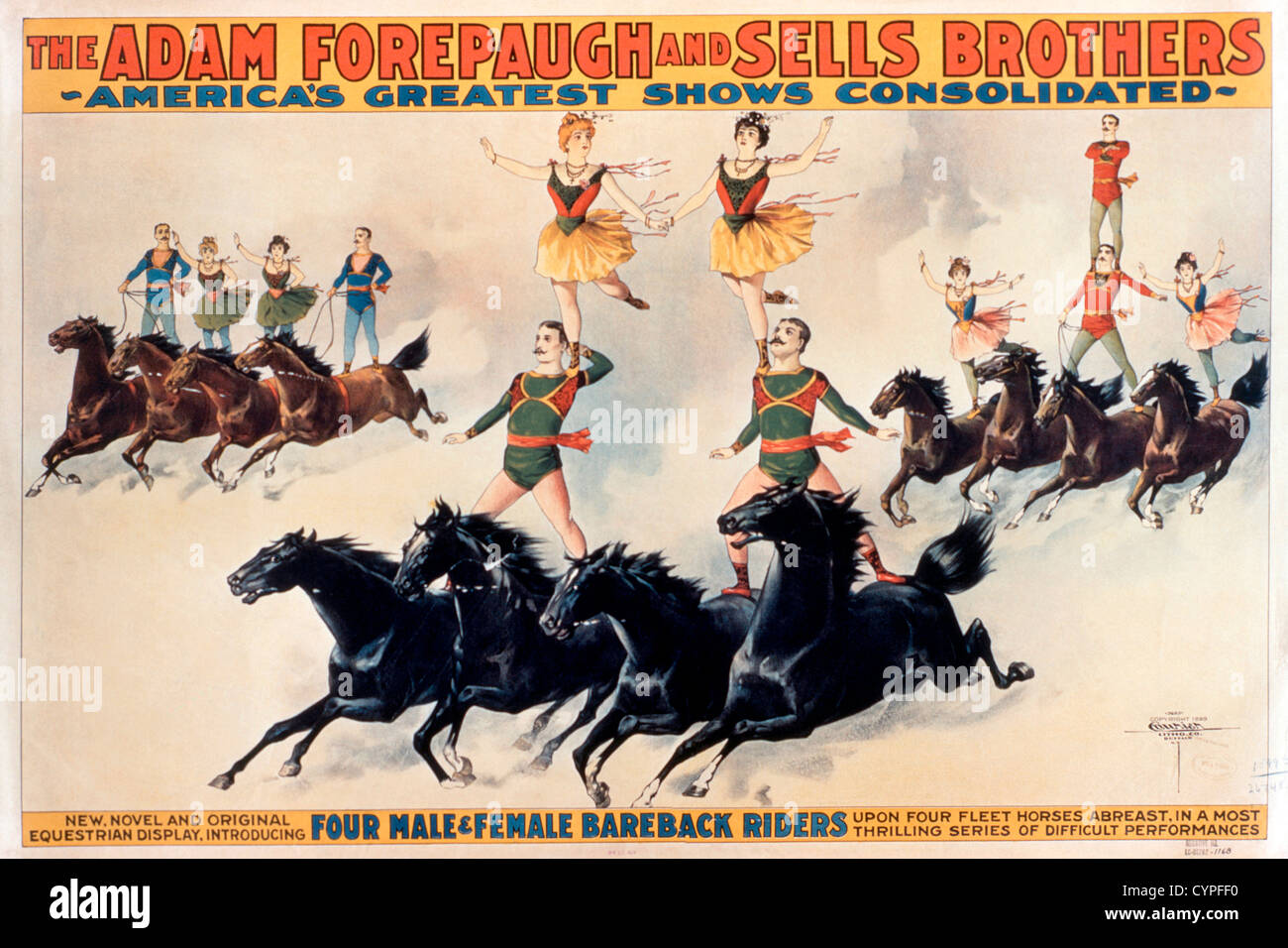 Acrobati a cavallo, Forepaugh & vende Bros. Circus, Poster, circa 1899 ...