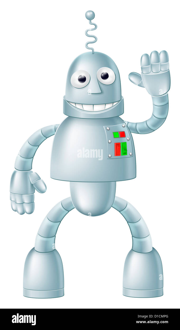 Un disegno di un simpatico robot divertente personaggio agitando e ...