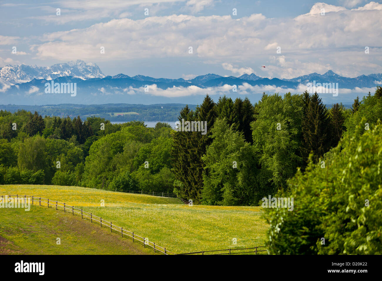 Bosco al lago di Starnberg in primavera, Alpi con Zugspitze, Alta ...