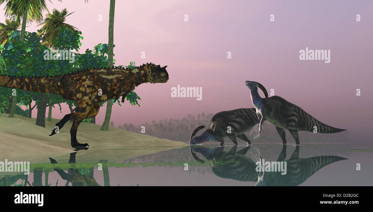 Un dinosauro Carnotaurus attacca due dinosauri Parasaurolophus mangiare ...