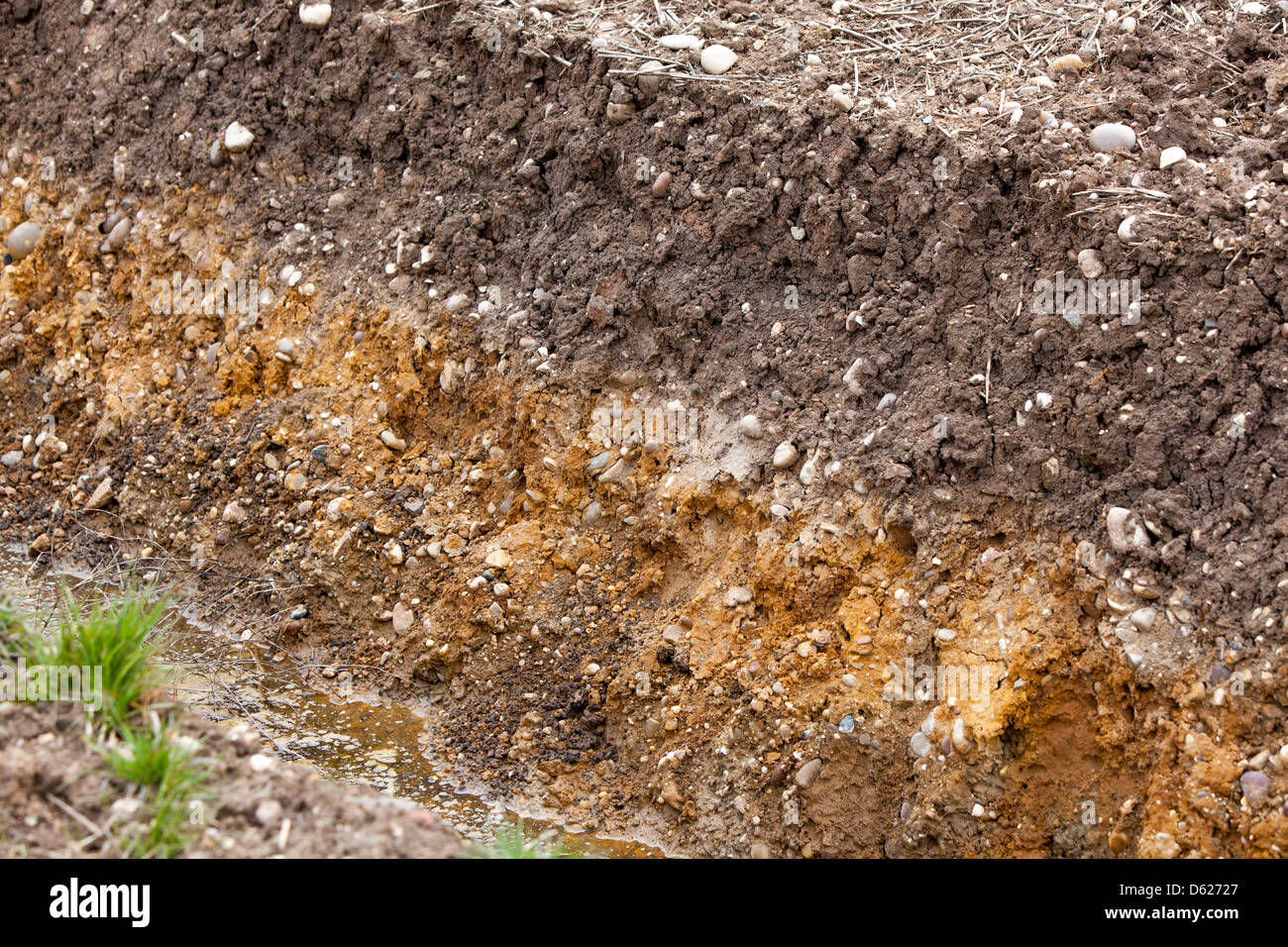Il lato del campo di una fossa di scolo che mostra la stratificazione ...