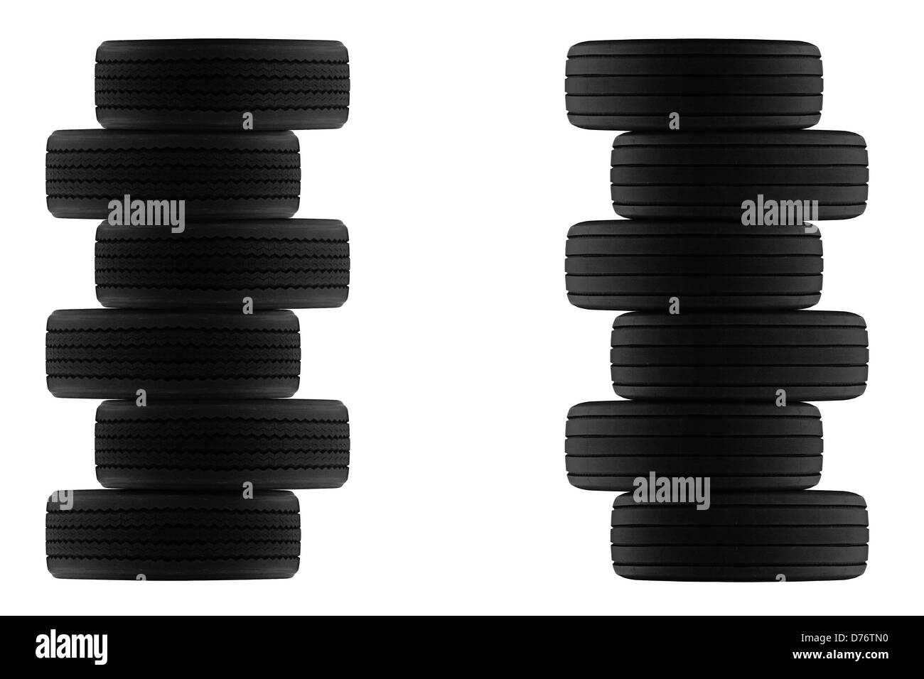 Pila di radiale e a tele incrociate di pneumatici in gomma impilati uno ...