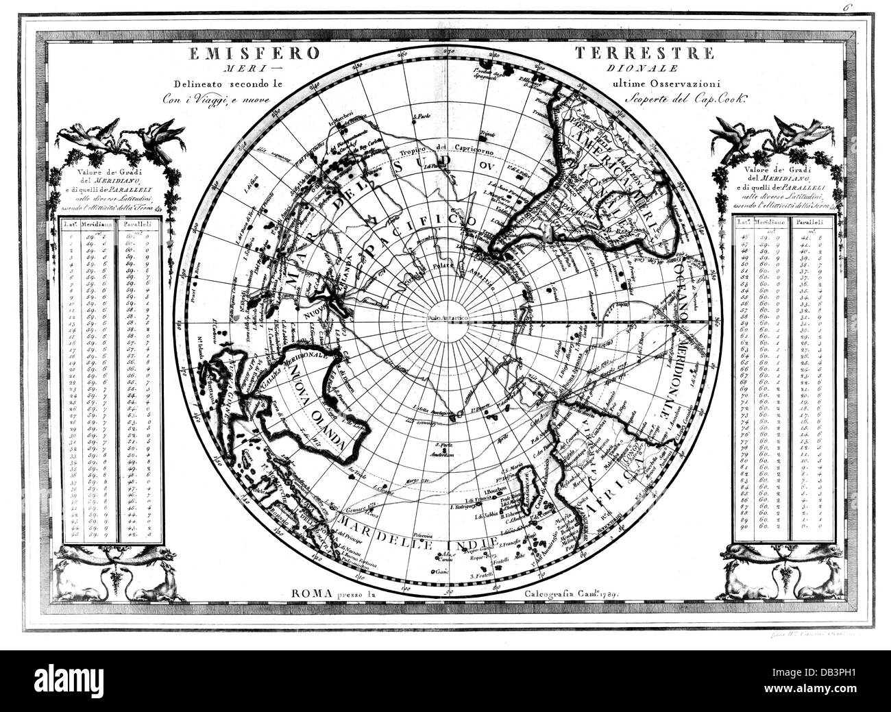 Cartografia, mappa, emisfero sud, con il percorso dei tre viaggi di ...