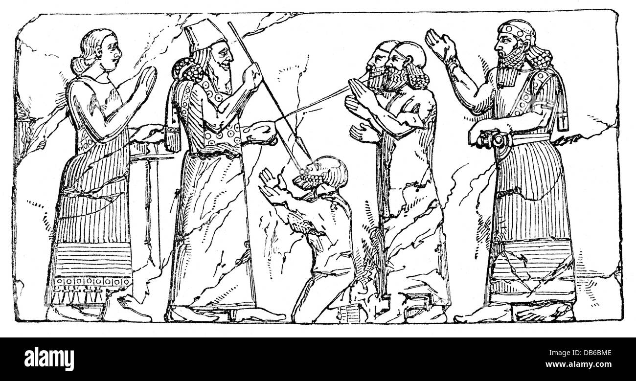 Antico mondo, assiro, un re che prica un prigioniero gli occhi di ...