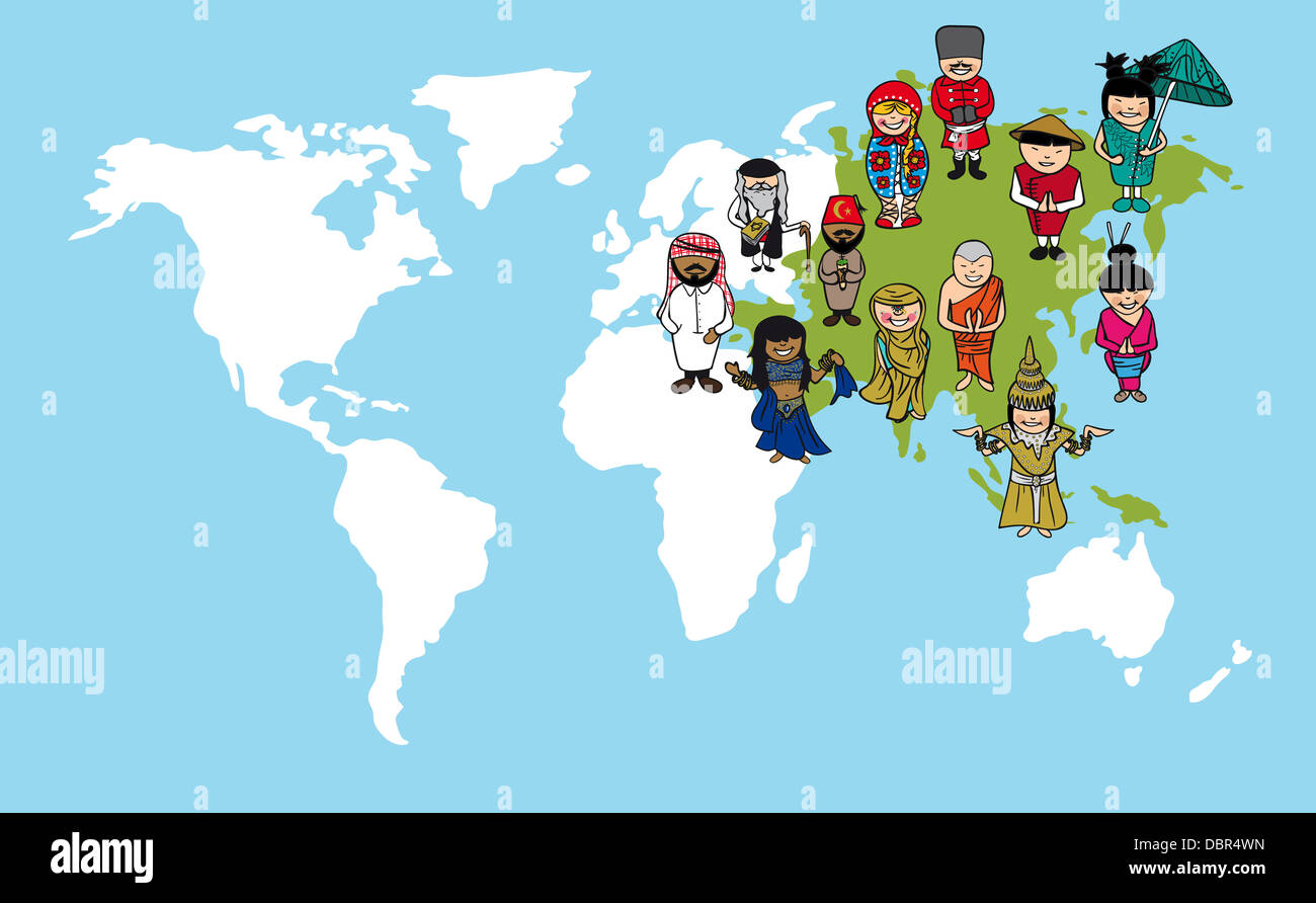 Il concetto di diversità mappa del mondo, cartoon di persone in Asia il ...