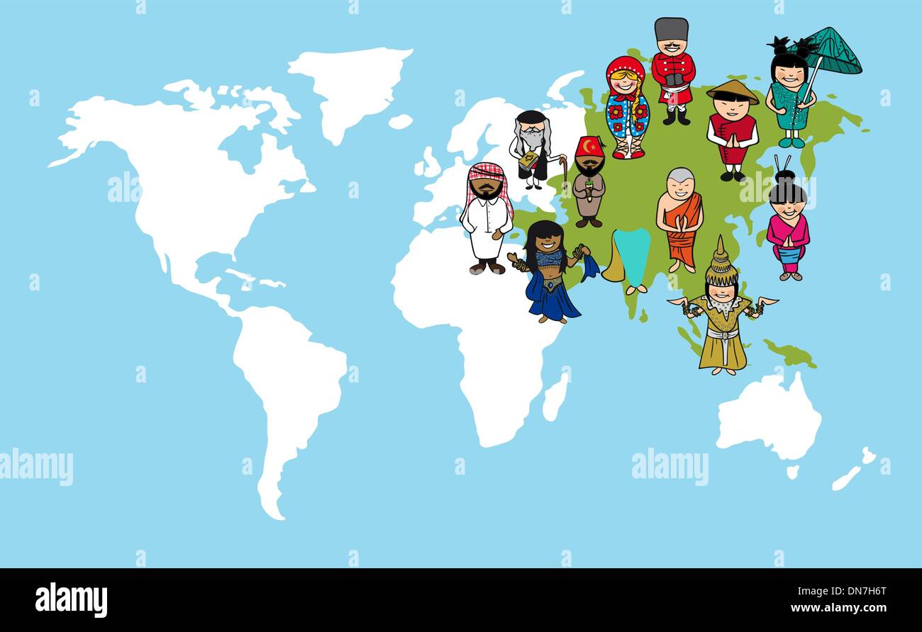 Popoli asiatici cartoni animati, mappa Mondo illustrazione di diversità ...