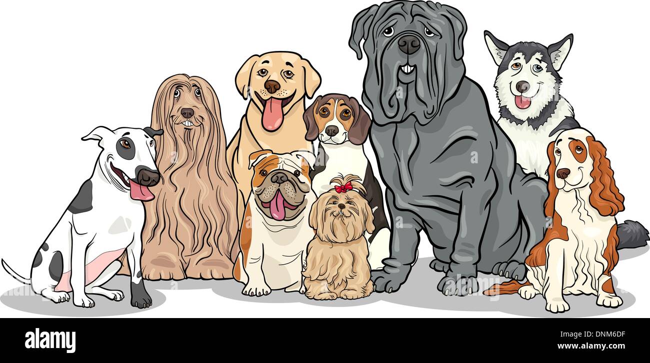 Cartoon illustrazione di simpatici cani di razza o gruppo di cuccioli ...