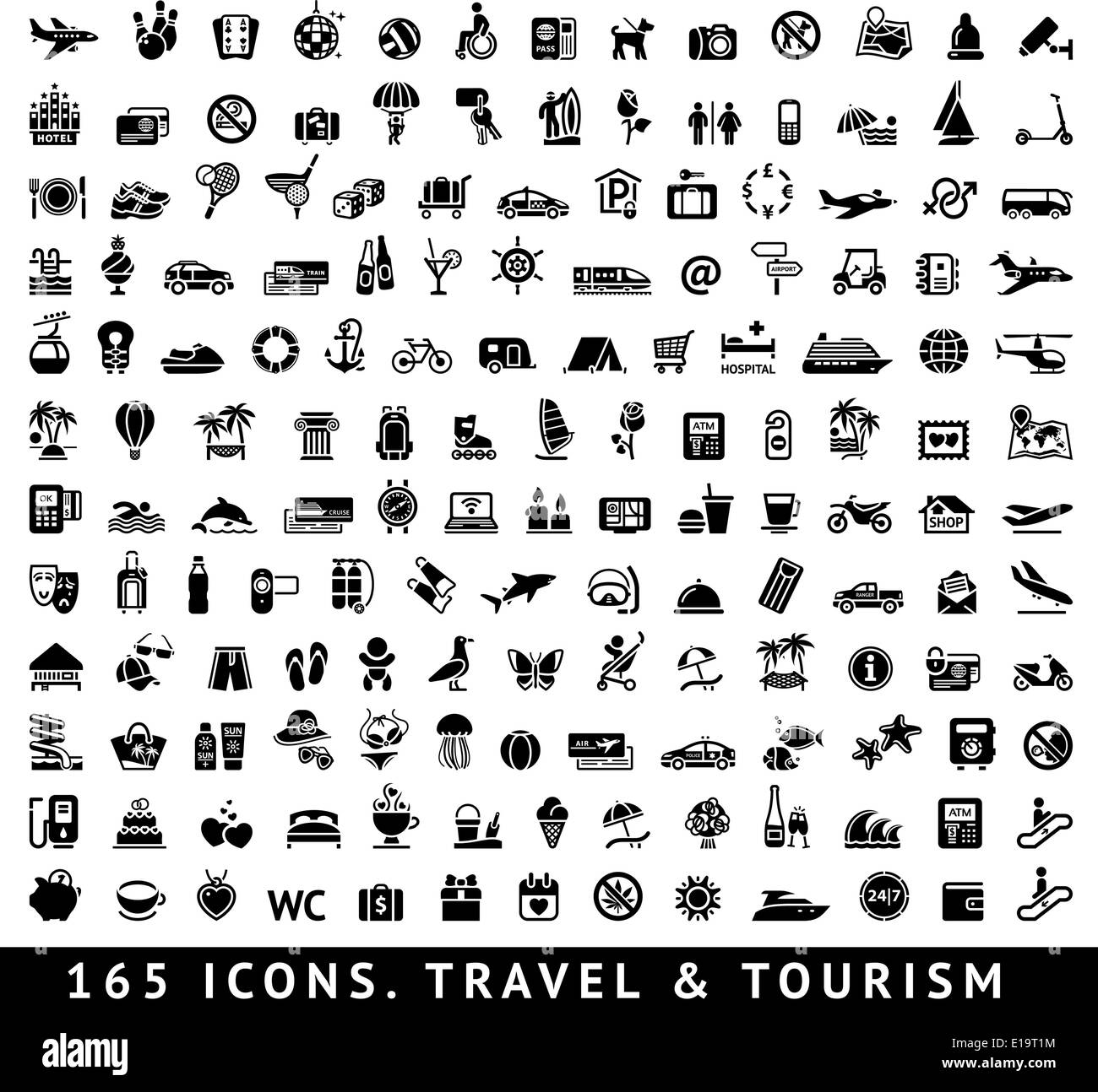 165 icone. Simbolo di viaggi e turismo di pittogrammi, illustrazione ...