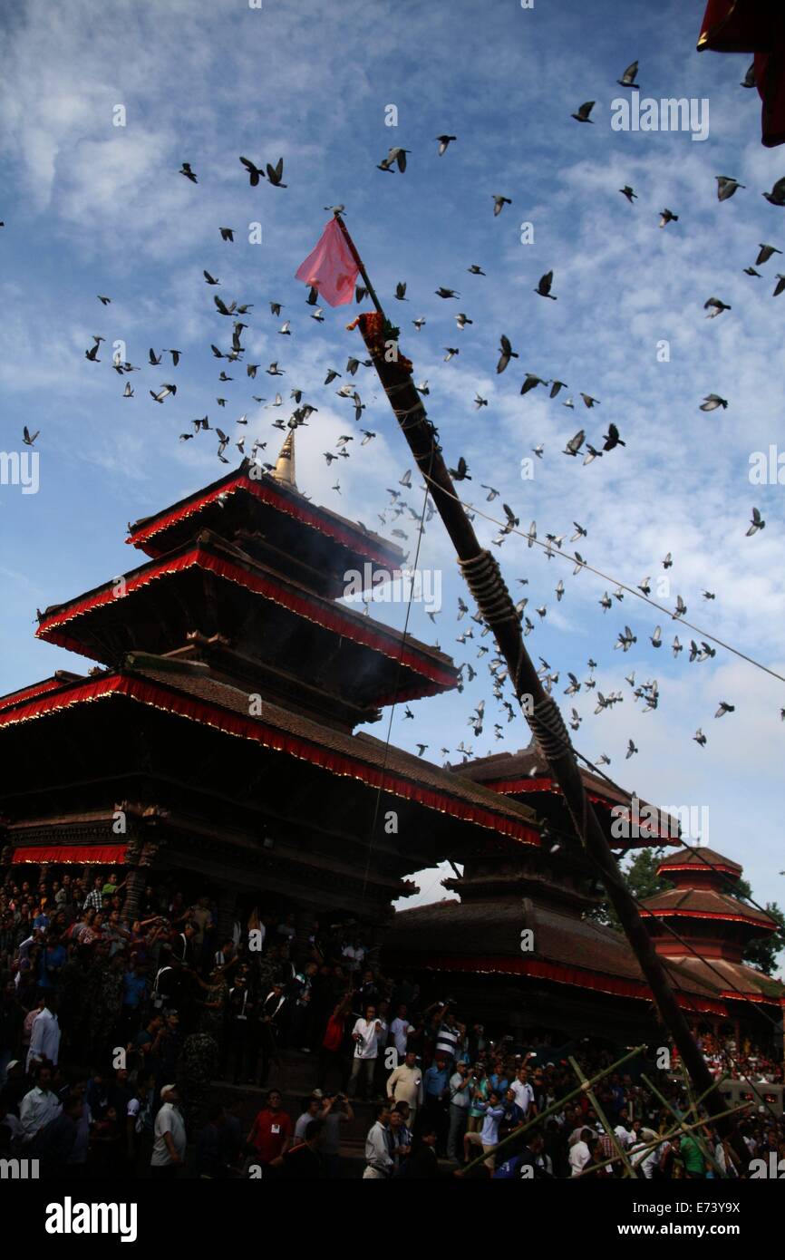 Kathmandu, Nepal. 6 Sep, 2014. Popolo nepalese erigere un palo di legno ...