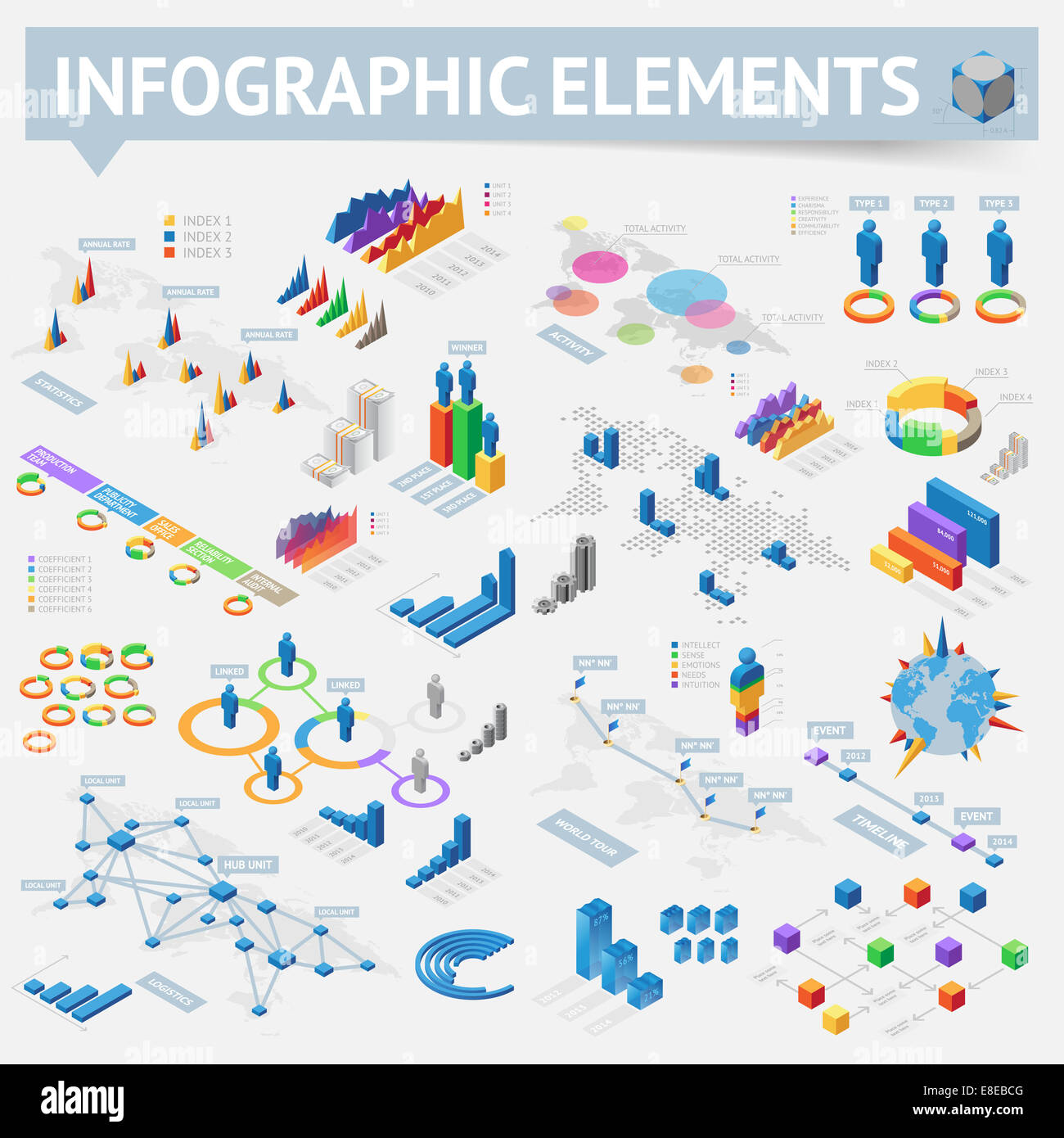 Infographics con icone dati, mappa Mondo grafici isometrici ed elementi ...