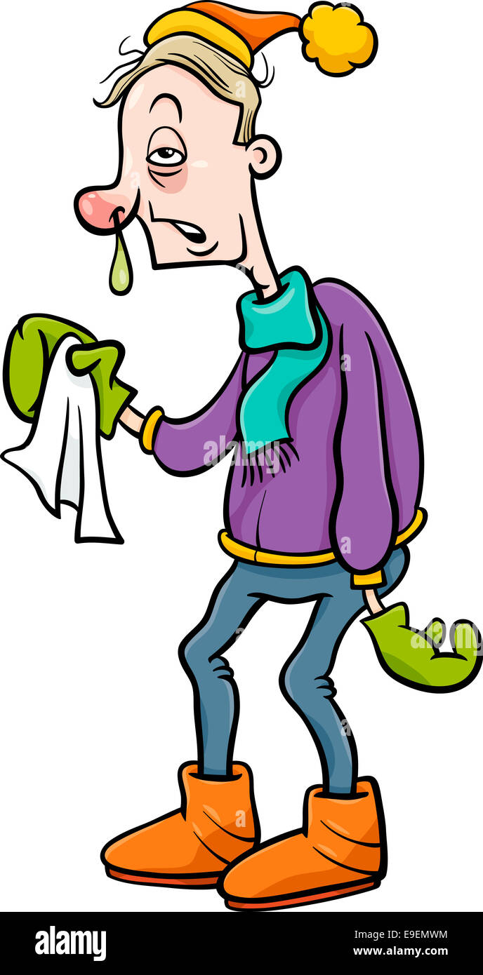 Cartoon Illustrazione umoristica di un uomo con un influenza ed ...