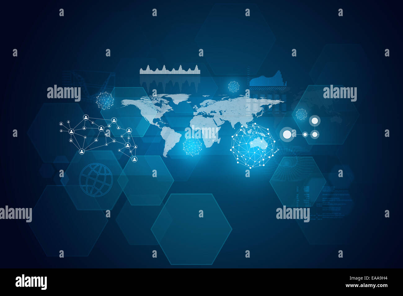 Mappa del mondo, trasparente esagoni, grafici e rete con le icone di ...