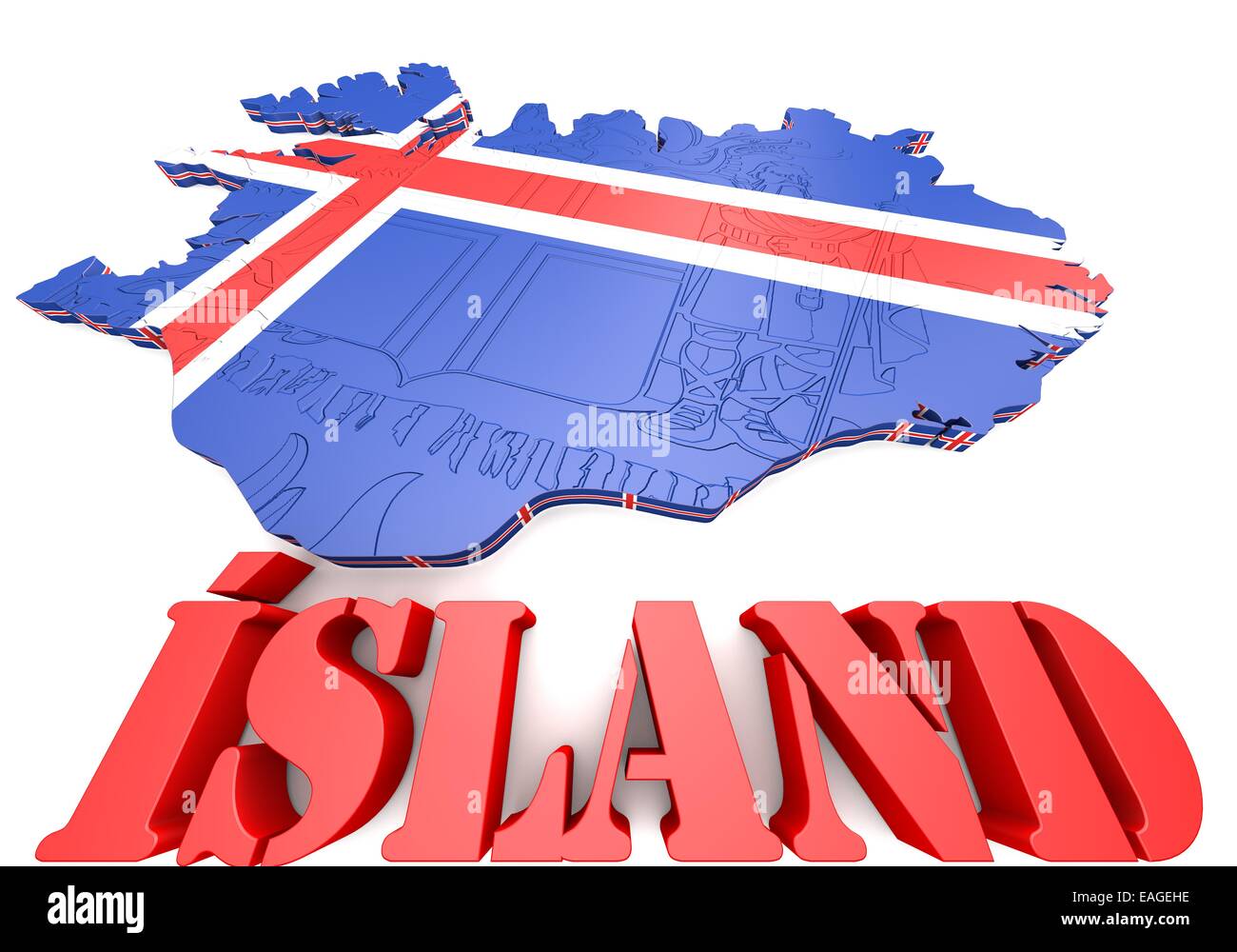 Mappa 3D illustrazione di Islanda con bandiera e stemma Foto stock - Alamy