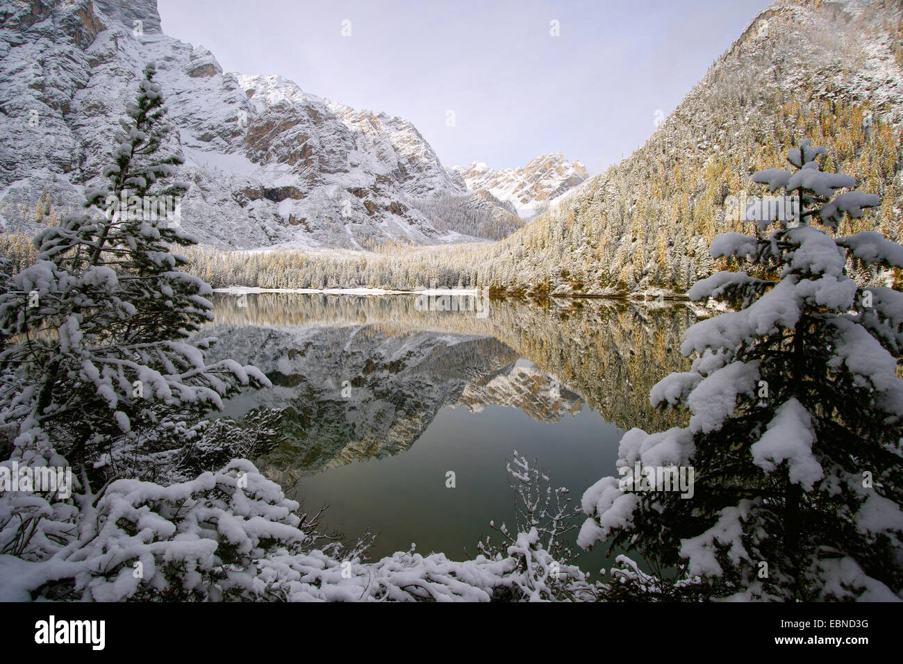 Lago di Braies in inverno, Italia, Alto Adige, Dolomiti Foto stock - Alamy