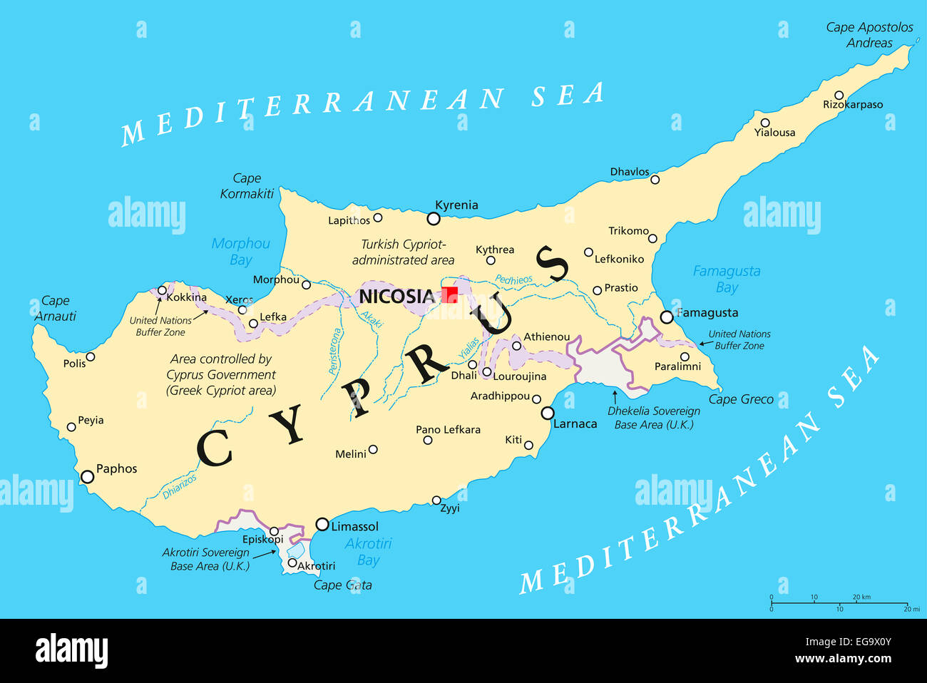 Cipro Mappa Politico con capitale Nicosia, confini nazionali importanti ...