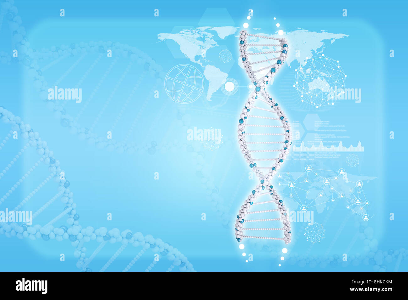Il DNA umano. Sfondo con esagono, mappa del mondo e information board ...