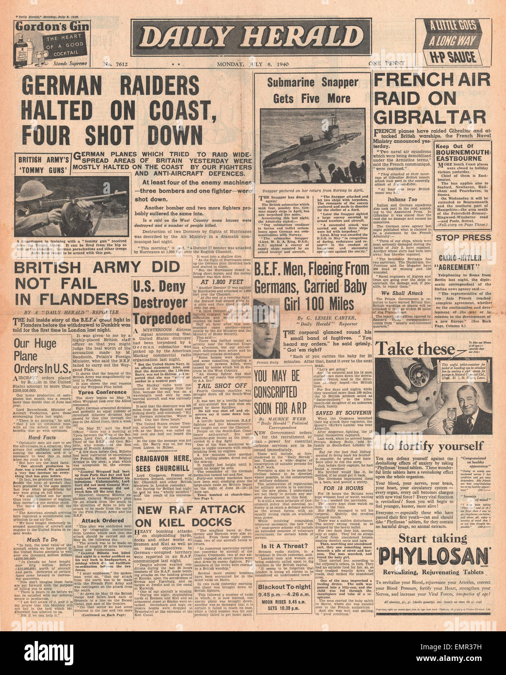 1940 front page Daily Herald Royal Navy RAF sconvolto Hitler, piani di ...