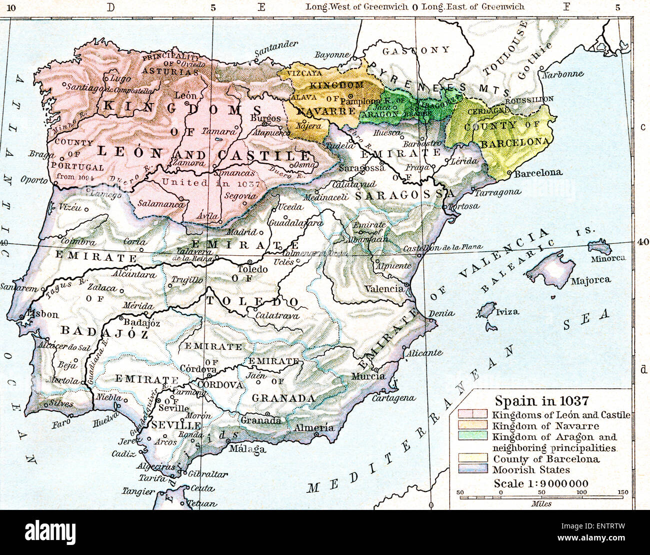 Mappa di Spagna nel 1037 che mostra i regni di León e di Castiglia ...