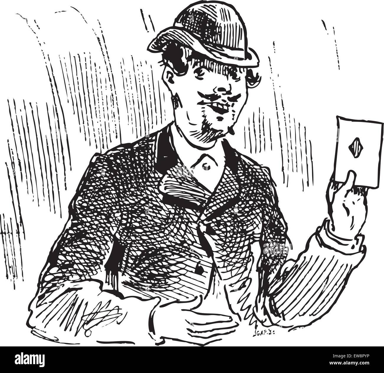 La scheda tre trickster incisione. I tre card trick o tre card monte è ...