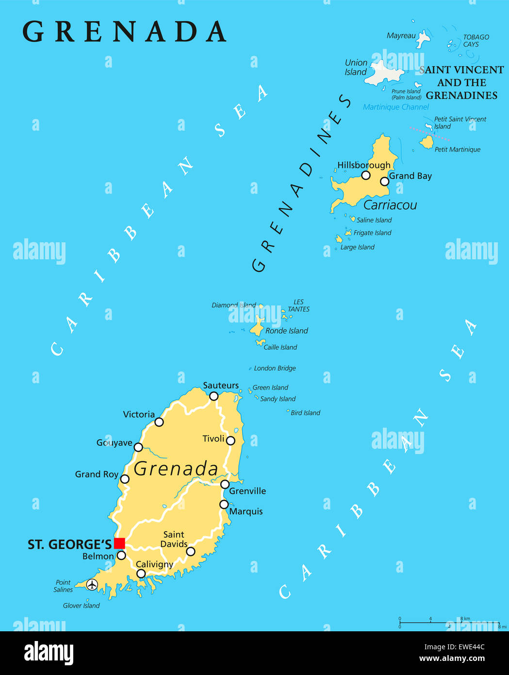 Grenada mappa politico con capitale St. Georges. Paese dell'isola ...