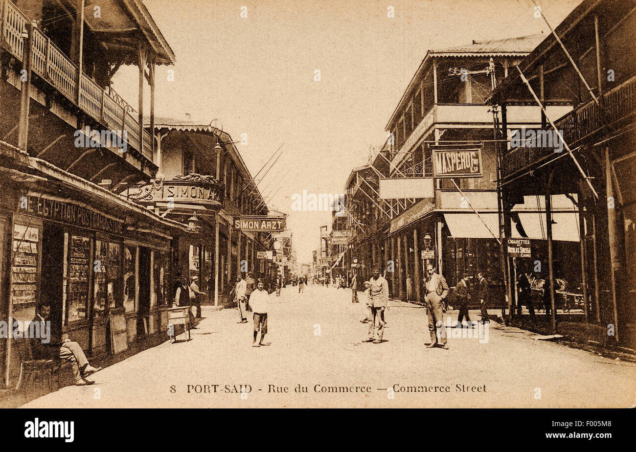 Port Said, Egitto - 1910 - una cartolina colpo di Commerce Street, una ...