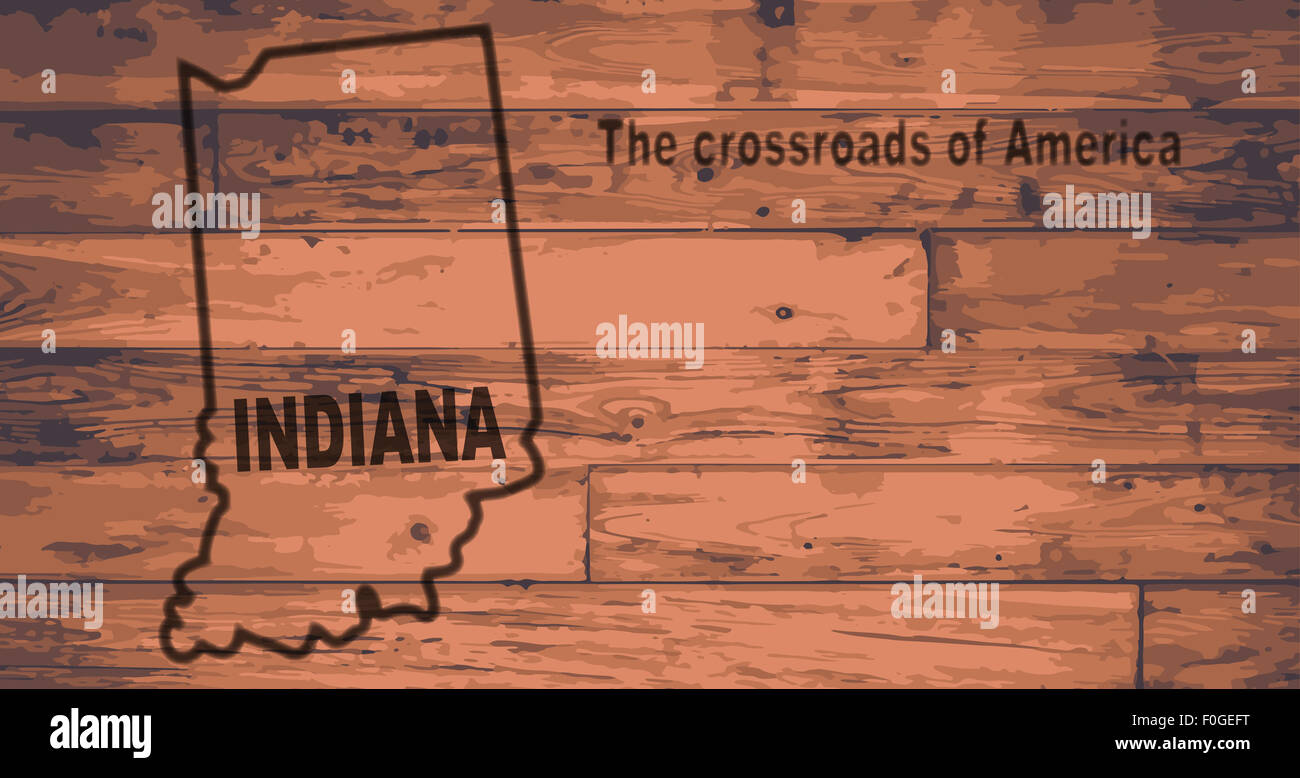 Lo stato dell'Indiana mappa marca su tavole di legno con contorno della ...