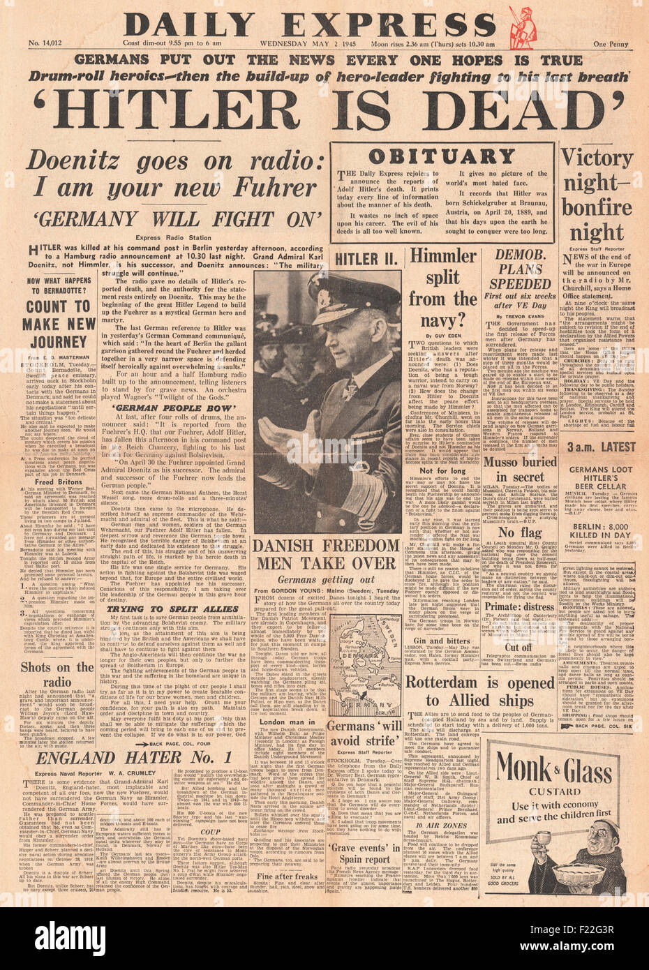 1945 Daily Express pagina anteriore segnalato la morte di Adolf Hitler ...