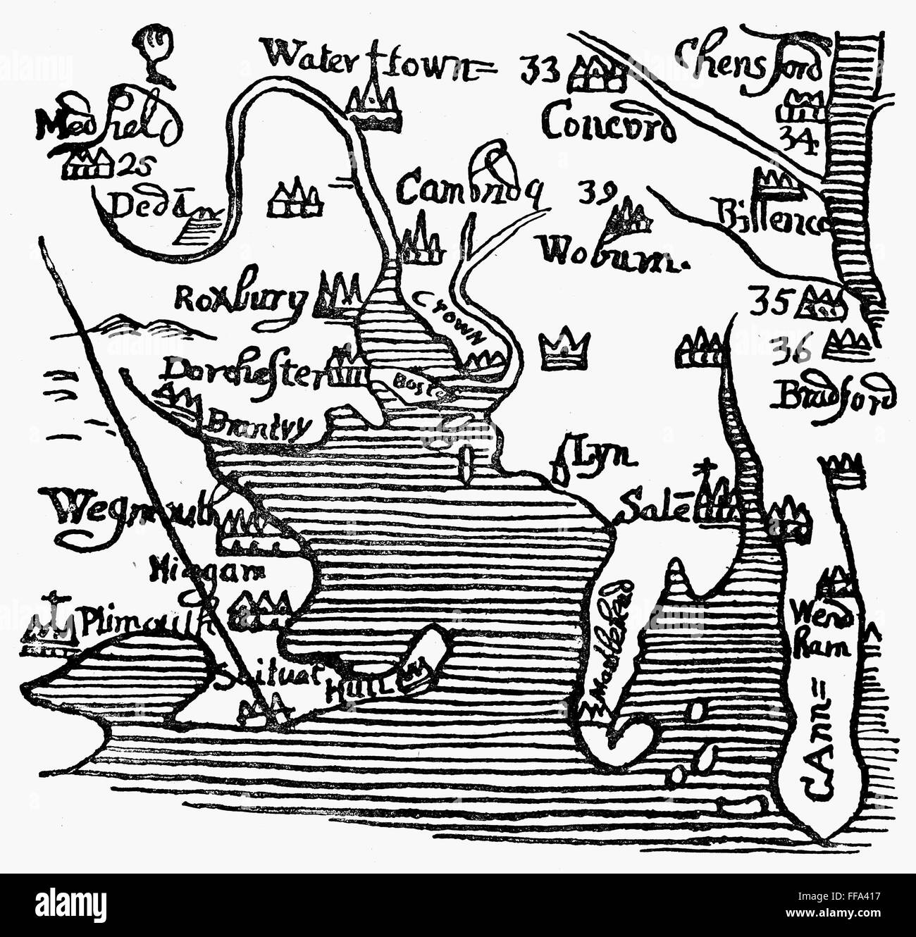 Mappa del New England, 1677. /NDetail di una xilografia mappa della ...