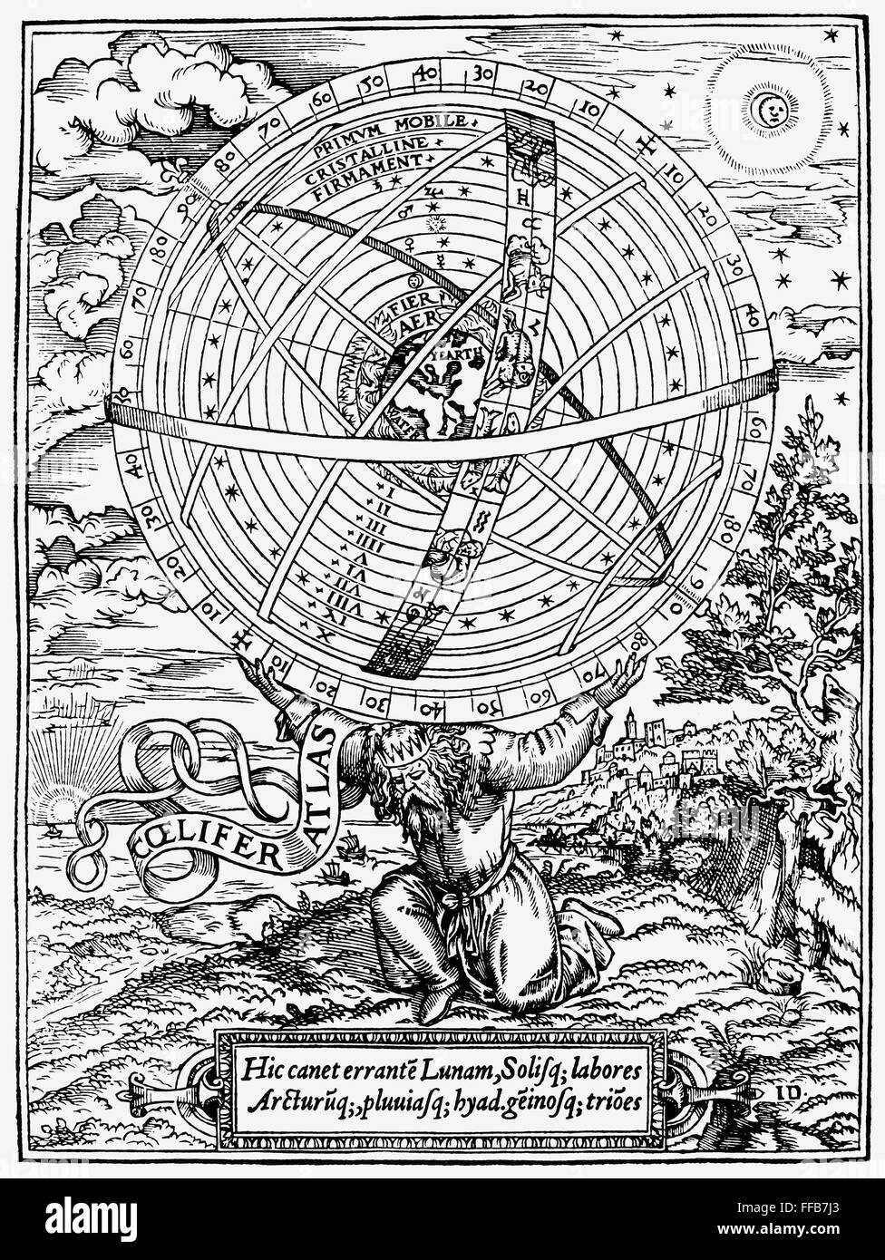 Universo tolemaico, 1559. /NAtlas tenendo in mano un universo ...