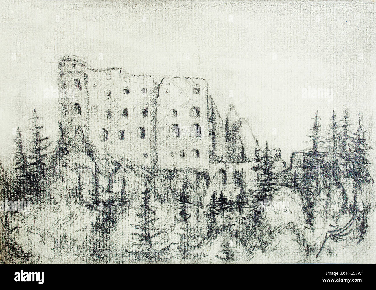 Il castello di medio disegno a matita nella foresta, sulla vecchia ...