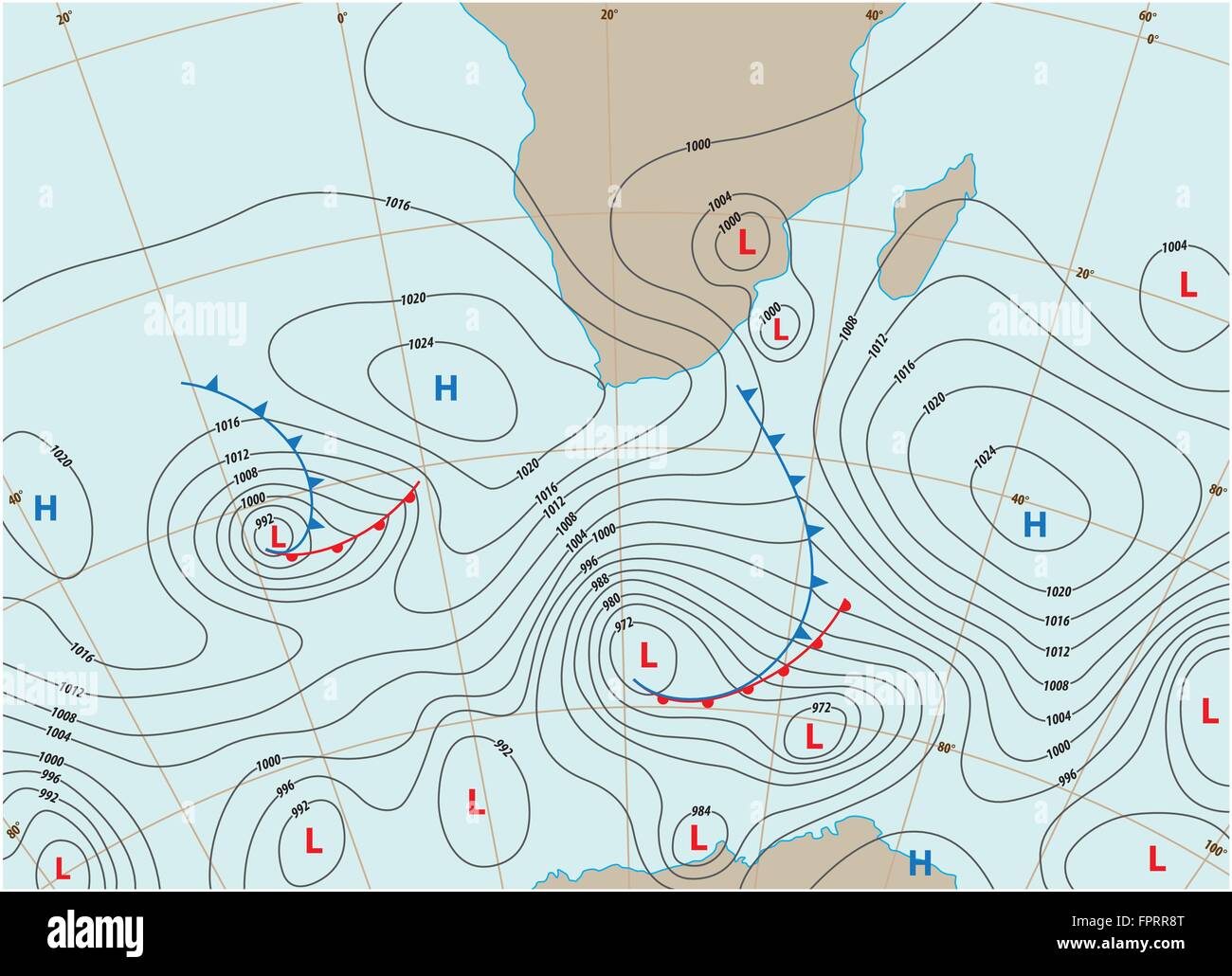 Imaginary mappa meteo mostra isobare e fronti meteo Immagine e ...