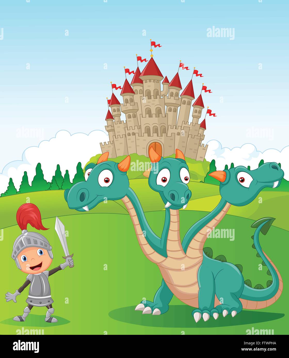 Il cavaliere del cartone animato con tre teste dragon Immagine e ...