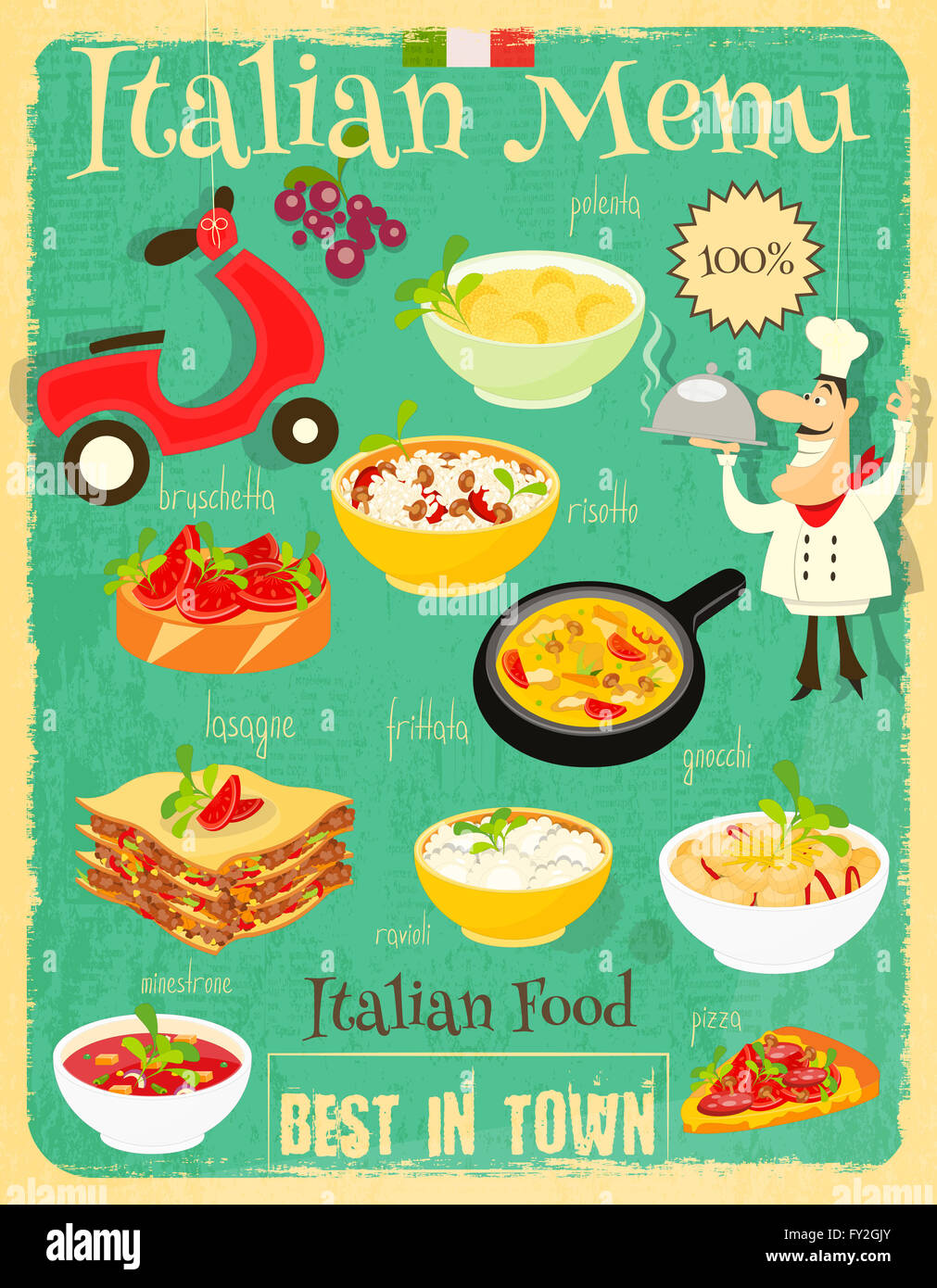 Il cibo italiano scheda del menu con il pasto tradizionale. Retro ...