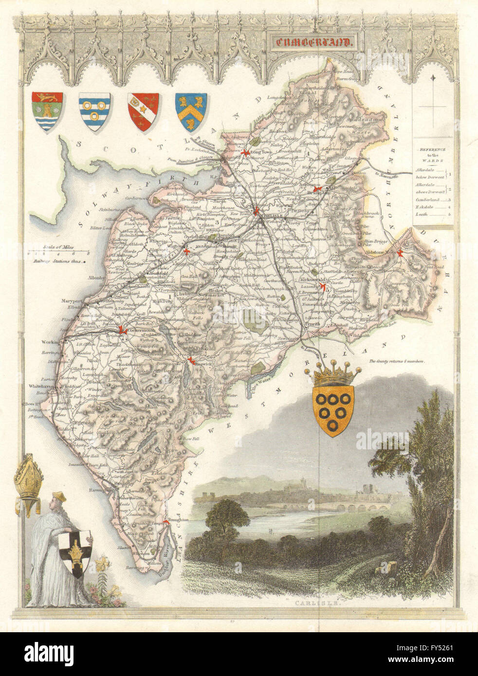 Cumberland antique colorate a mano county map da Thomas Moule, c1840 ...