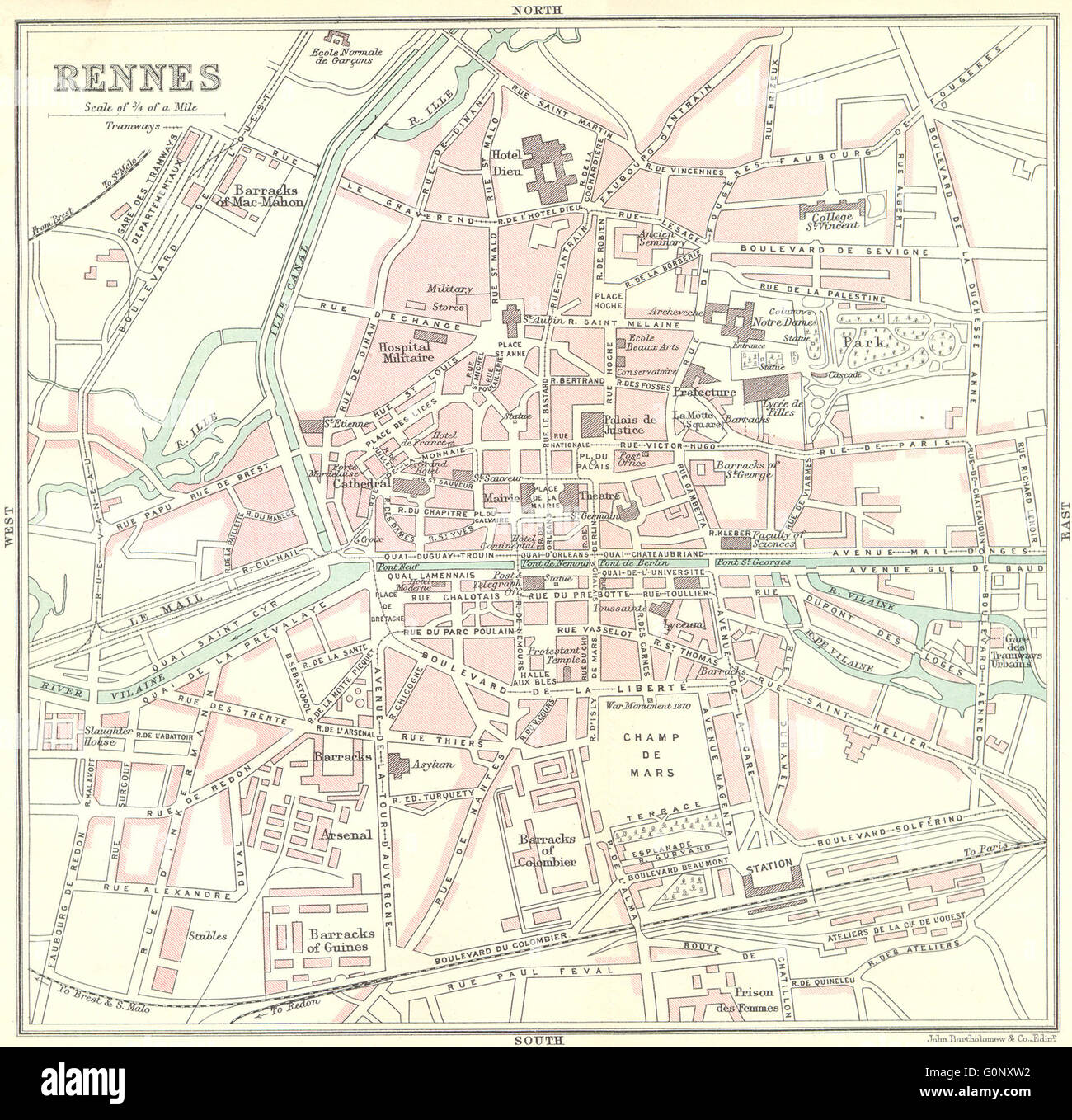 RENNES town/city plan de la ville. Ille-et-Vilaine, 1914 Mappa antichi ...