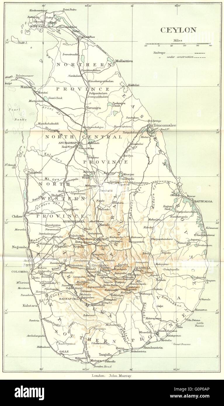CEYLON: Ceylon (Sri Lanka) mappa che mostra le ferrovie cittadine ...