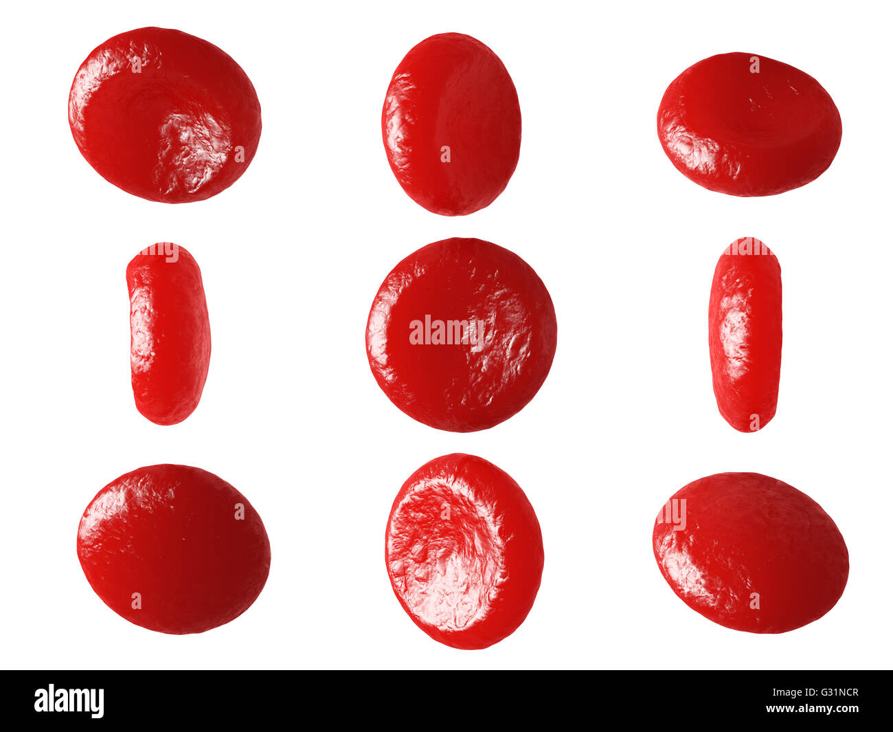 Le cellule rosse del sangue eritrociti in diverse posizioni. Isolato su ...