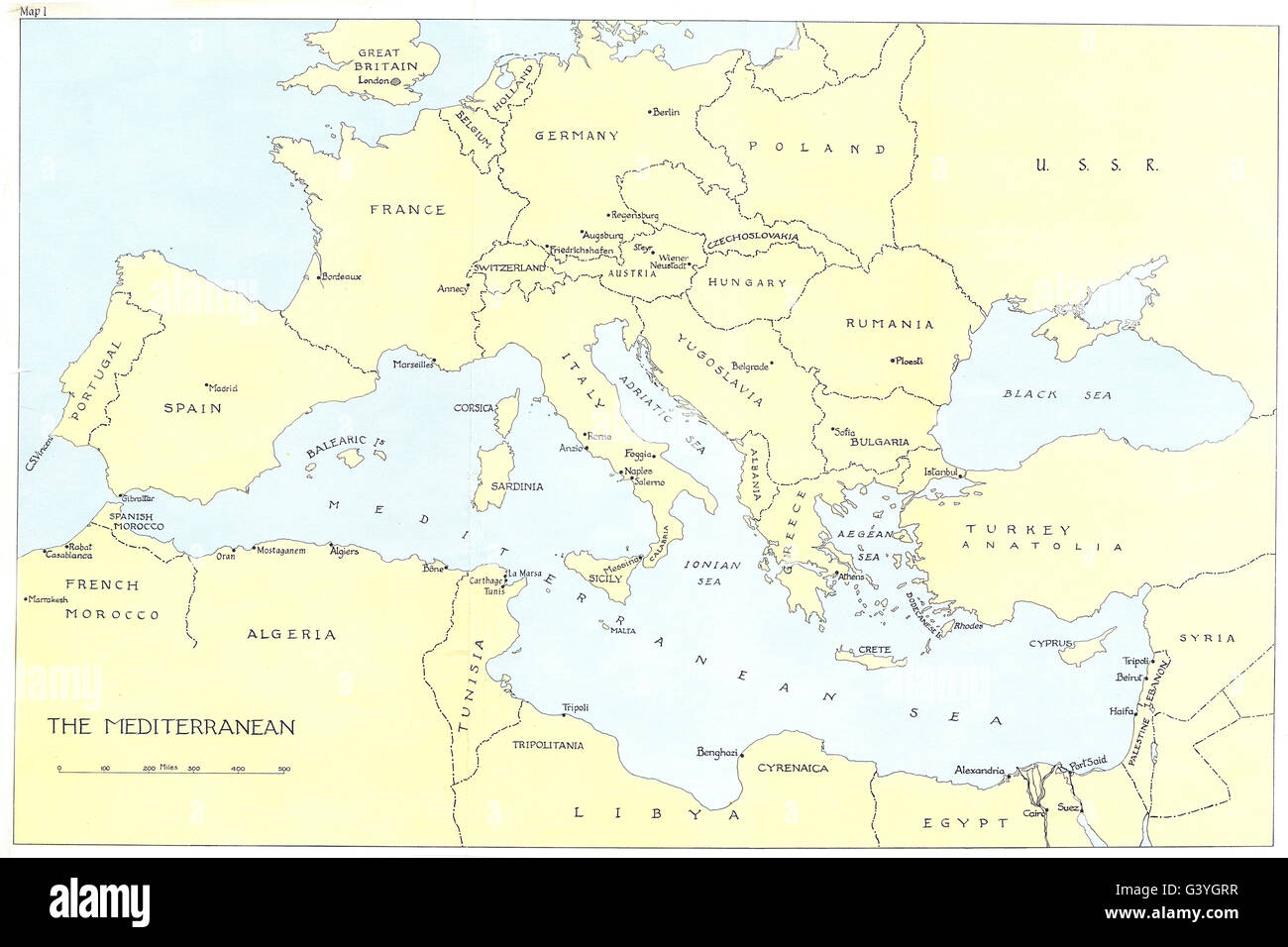 Europa: il Mediterraneo. WW2, 1973 Vintage map Foto stock - Alamy