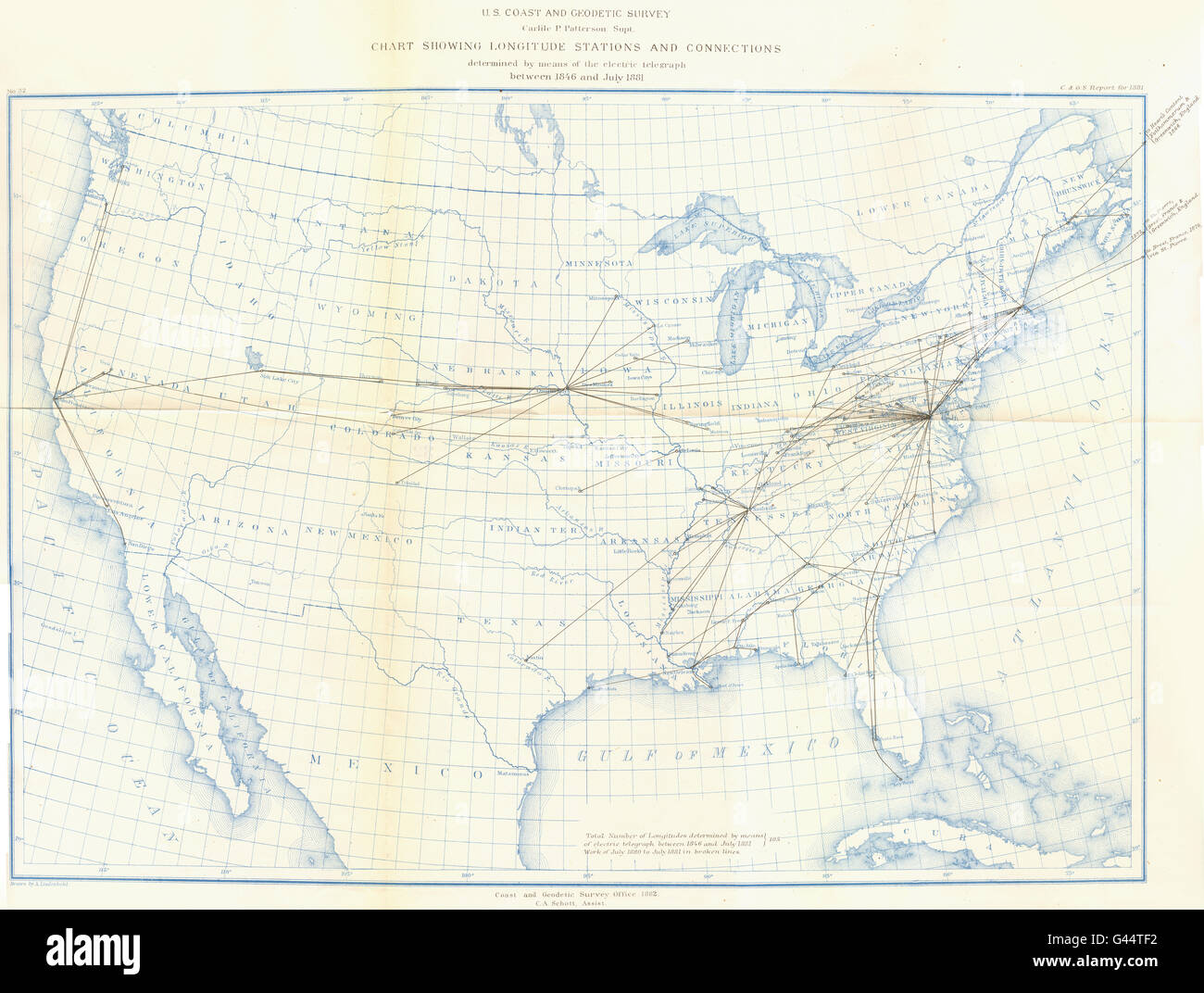 USA: USCGS longitudine collegamenti stazioni dal telegrafo 1846-81 ...