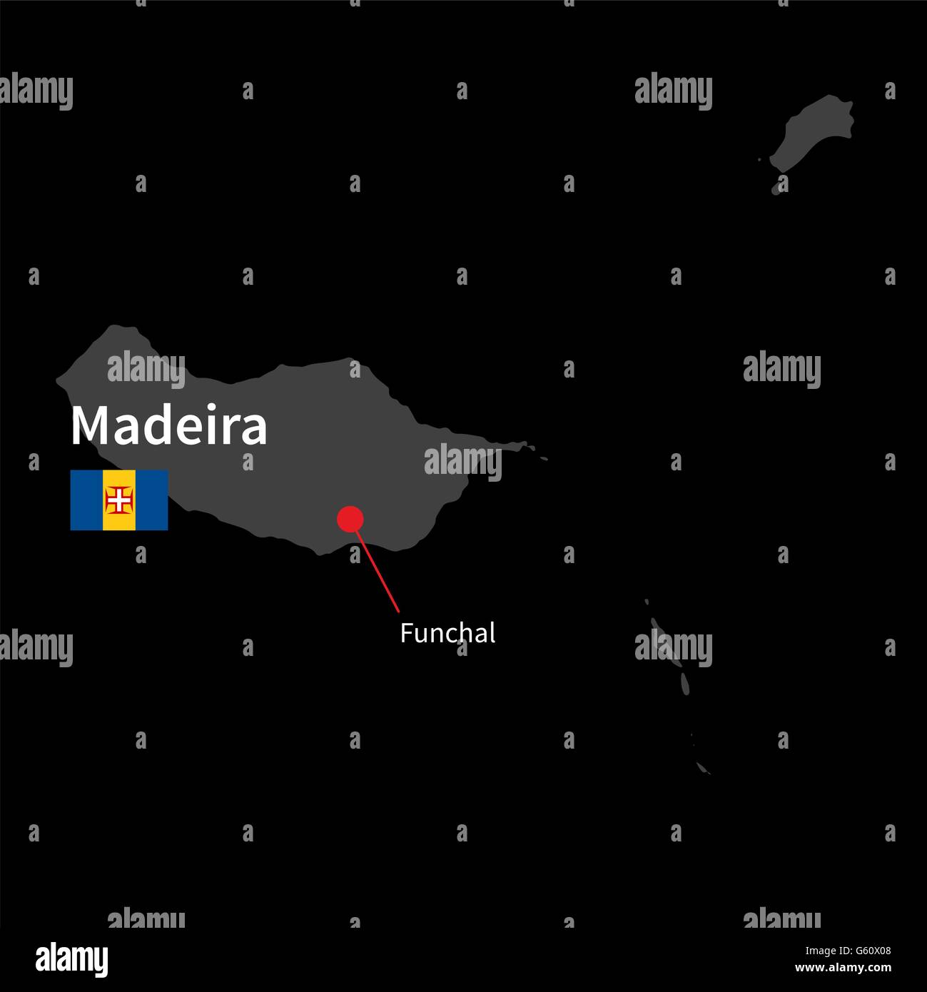 Mappa dettagliata di Madera e la città capitale Funchal con bandiera su ...