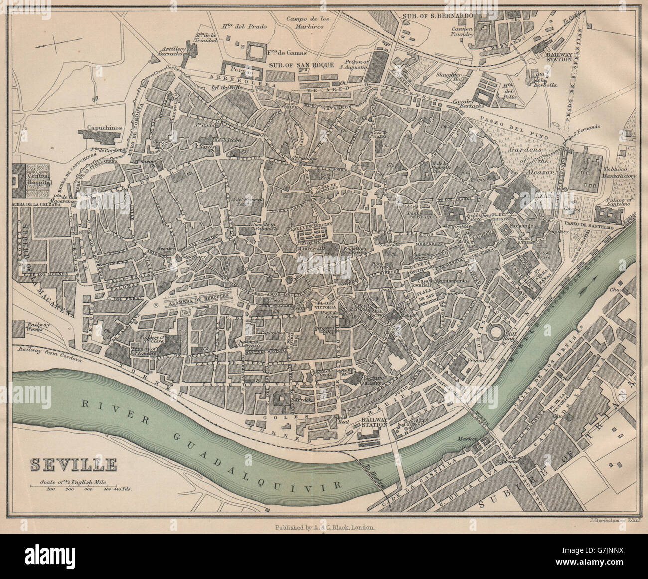 Siviglia Sevilla. Vintage town mappa della città piano. Spagna, 1899 ...