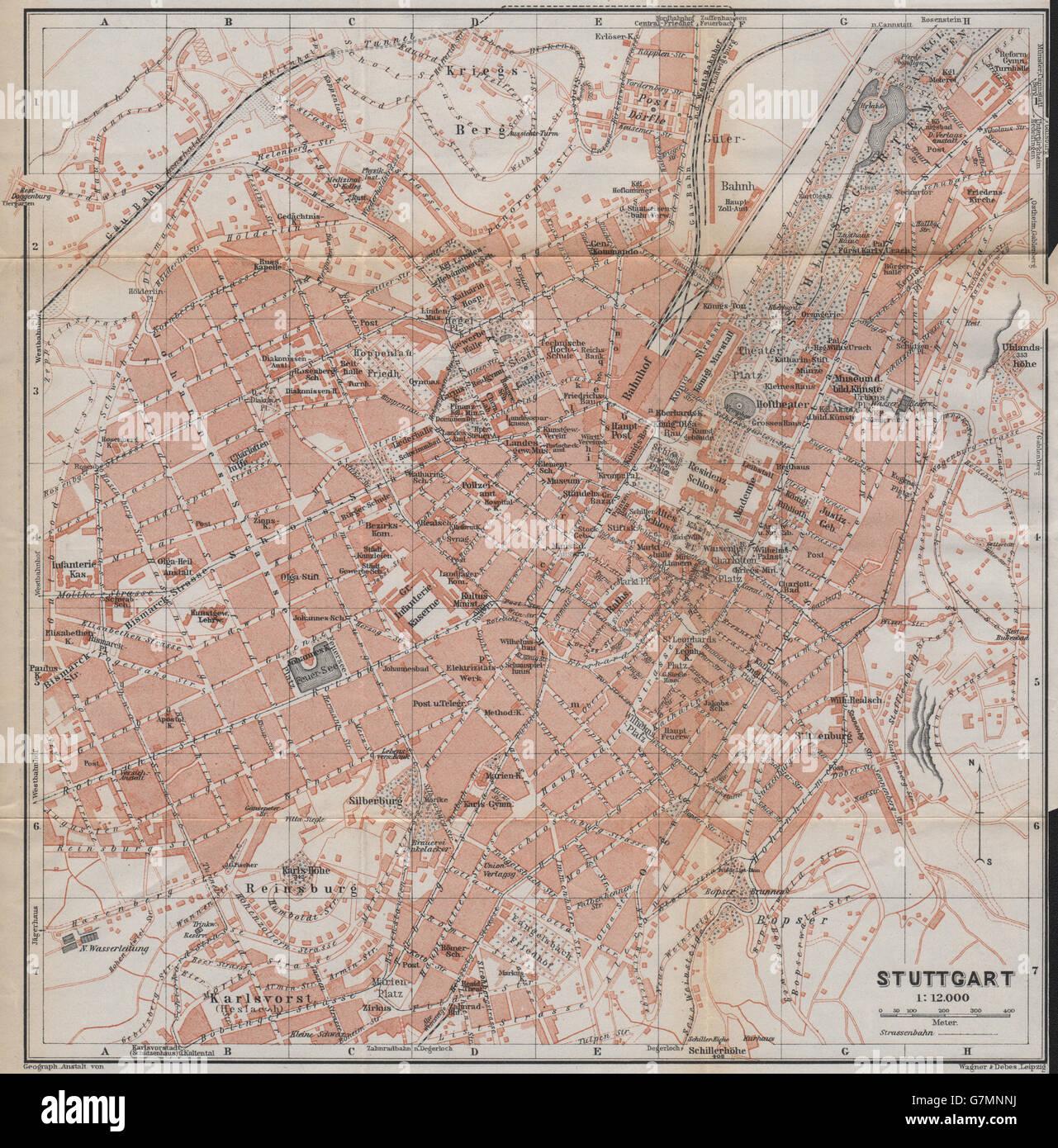 Stoccarda città antica città stadtplan. Baden-Württemberg karte, 1913 ...