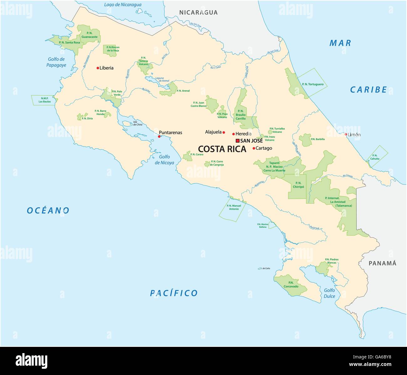 Mappa vettoriale dei parchi nazionali del Costa Rica Immagine e ...