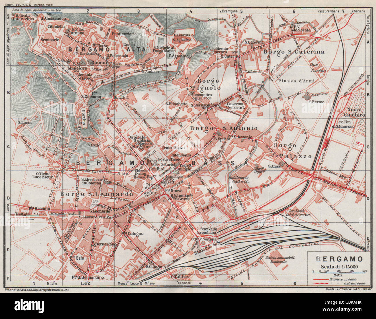 BERGAMO. Vintage town mappa della città piano. L'Italia, 1924 Foto ...