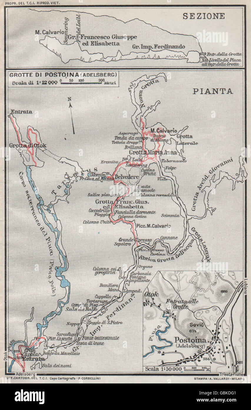 Le grotte di Postumia. Postojnska jama. Grotte di Postumia. Vintage map ...