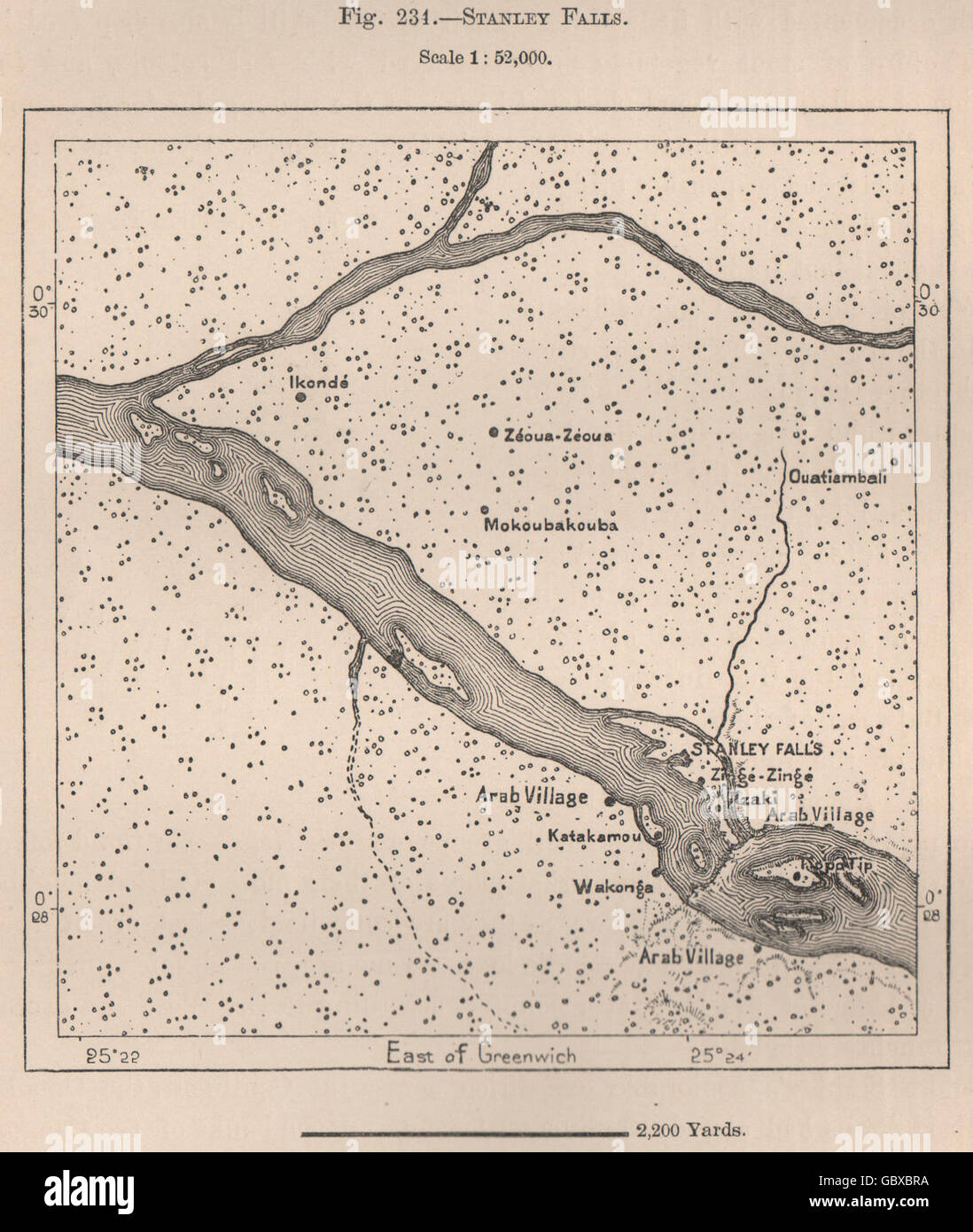 Cascate Boyoma (Stanley Falls) fiume Lualaba. Congo, 1885 Mappa antichi ...